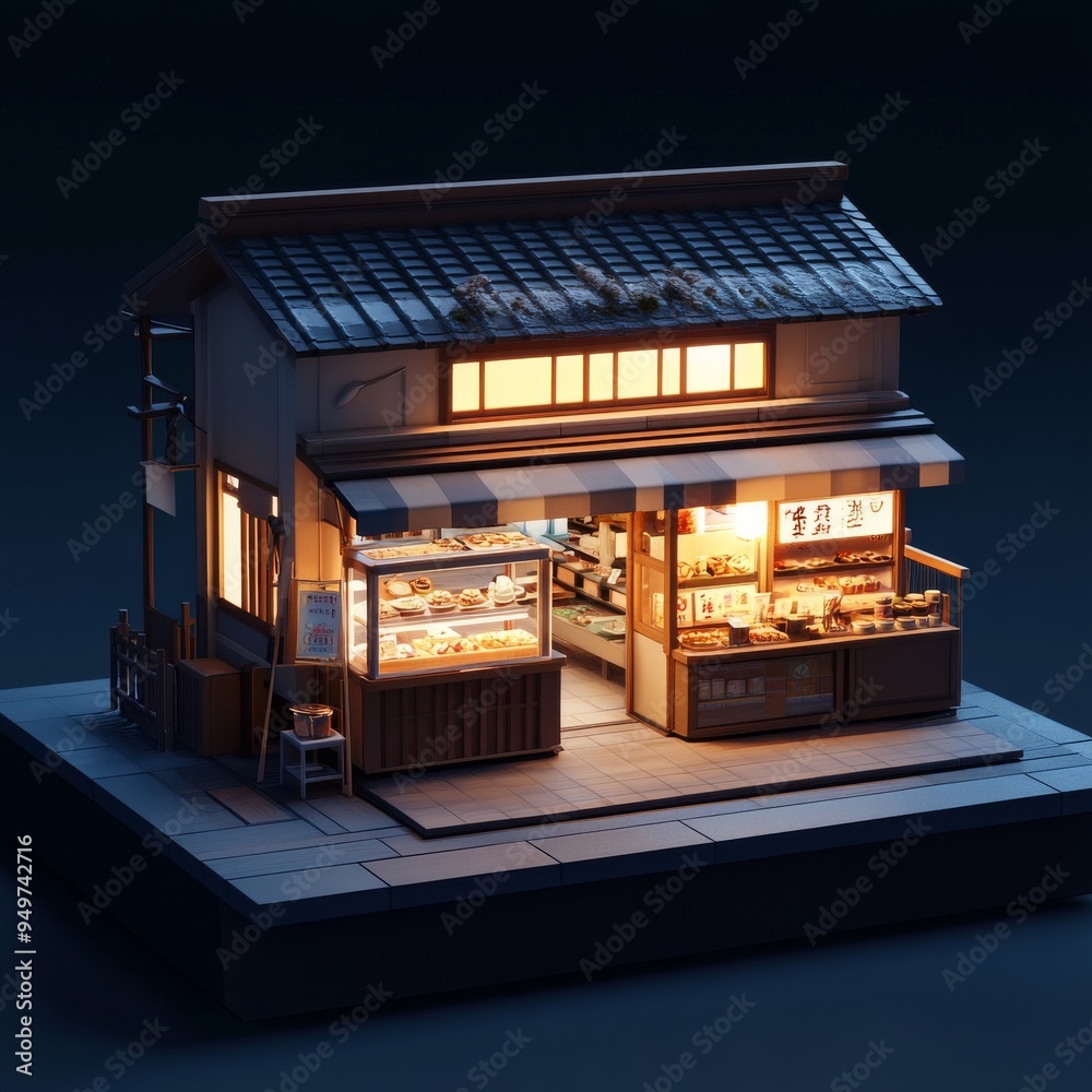 cube cutout of an isometric japanese style shop, soft lighting, high ...