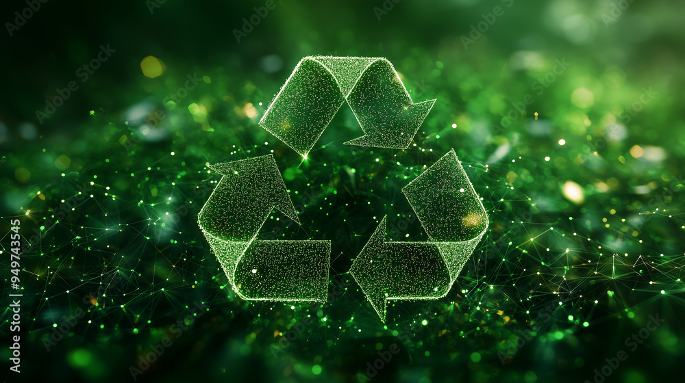 Abstract green digital mesh background with the recycling symbol ...