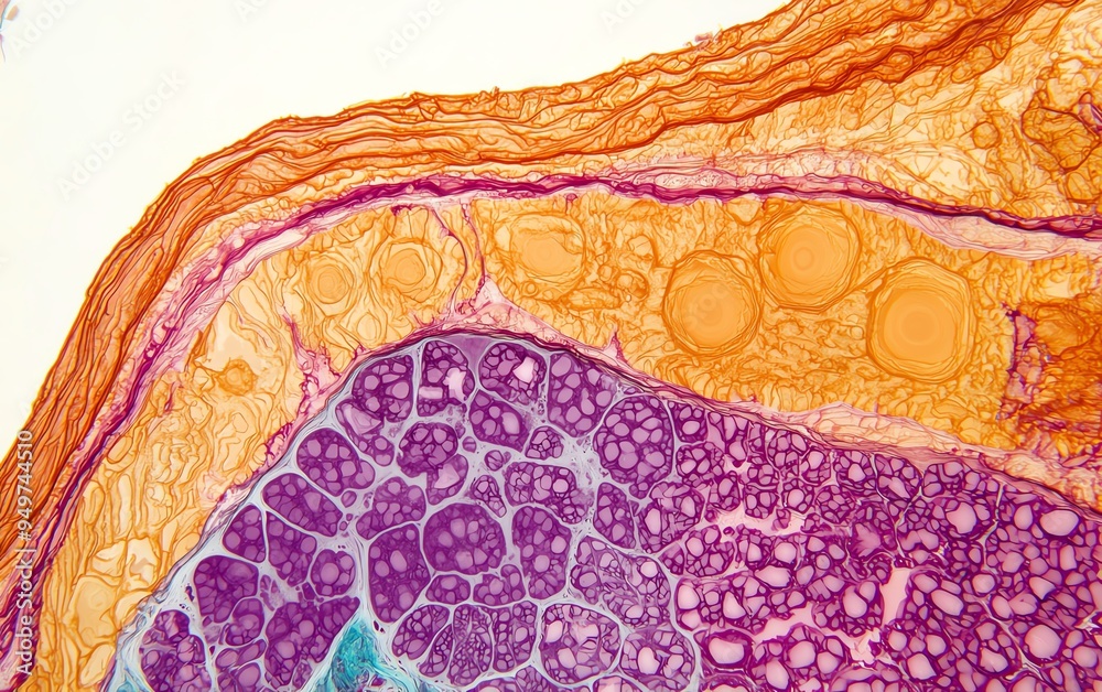 Microscopic view of a human thyroid gland, showing follicular cells and ...
