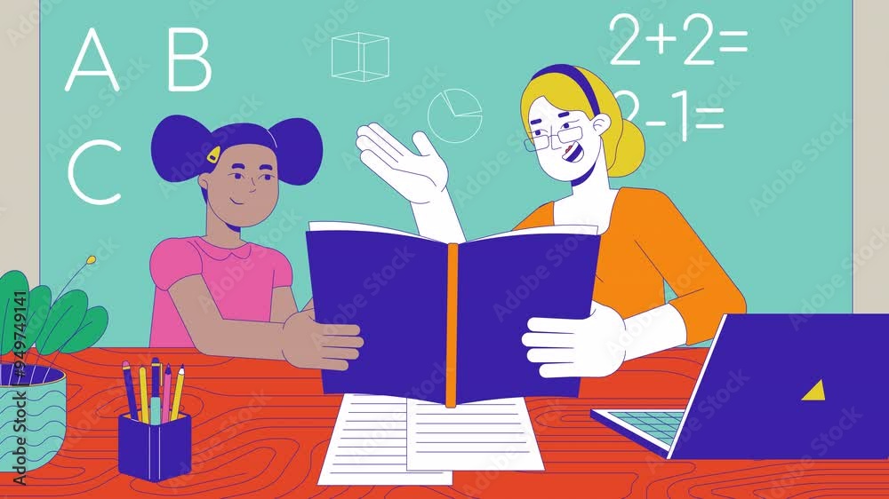 Woman teacher reading book with little student cartoon animation ...