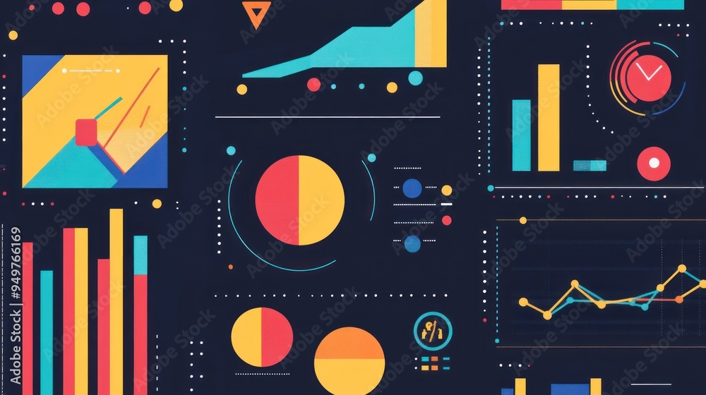 The image depicts various colorful abstract data visualization graphics, including pie charts ...