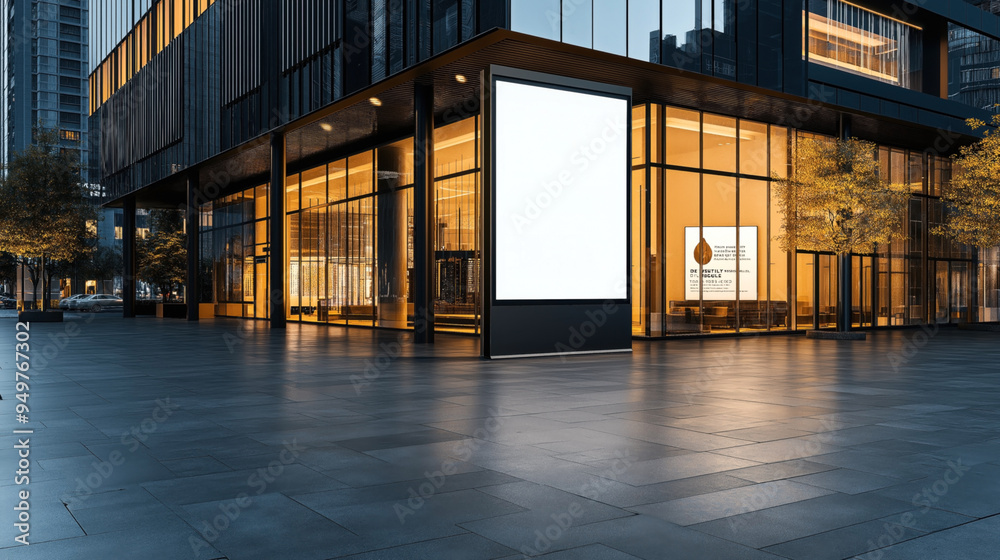 Modern commercial building with large glass windows and illuminated ...