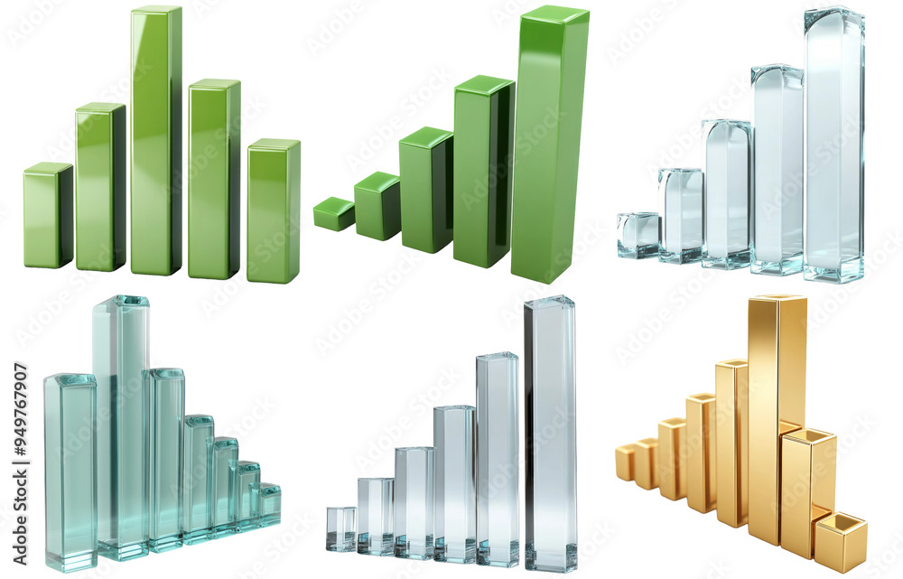 Collection of bar charts in metallic and glass finishes isolated on ...