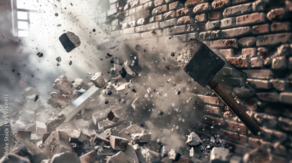 Rubble and dust cloud a scene of intense destruction, with brick ...