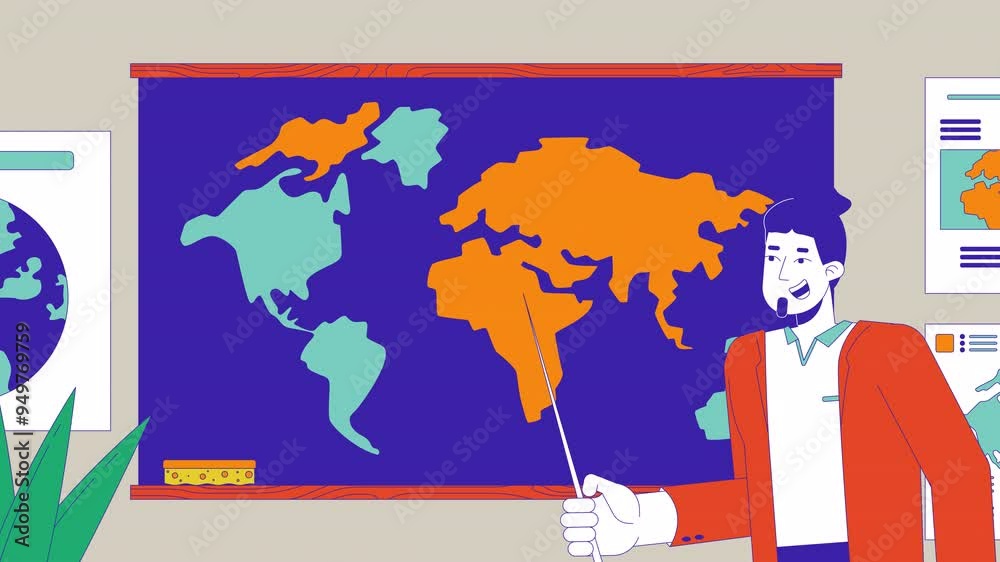 Male teacher showing world map in classroom cartoon animation. School ...