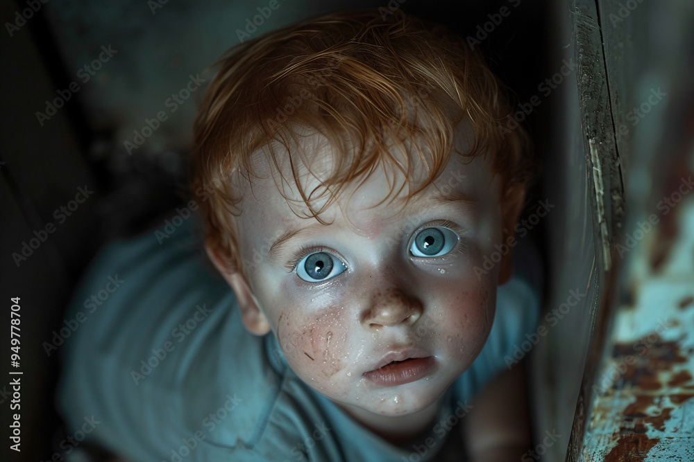 Homeless poor sad child kid in city park ruined town forest lawn all ...