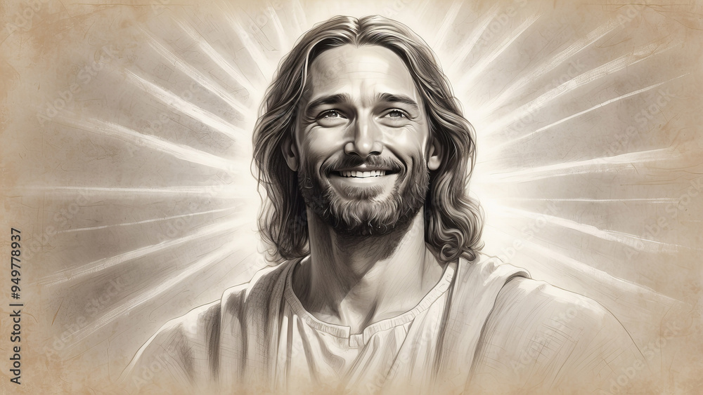 Jesus Christ face smiling portrait in pencil sketch style with radiant light rays close-up ...