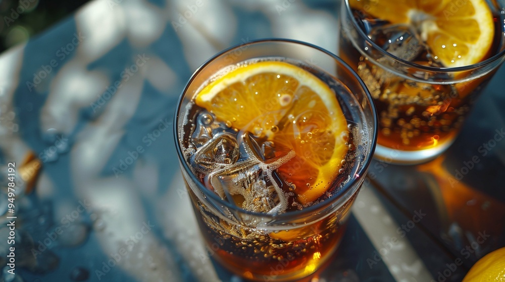Citrus infused sparkling beverage closeup image. Carbonated drink with ice cubes fresh lemon ...