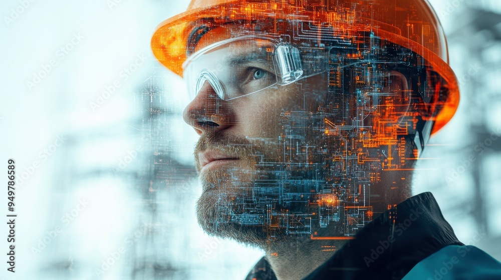 A double exposure image of an electrical engineer wearing a safety ...