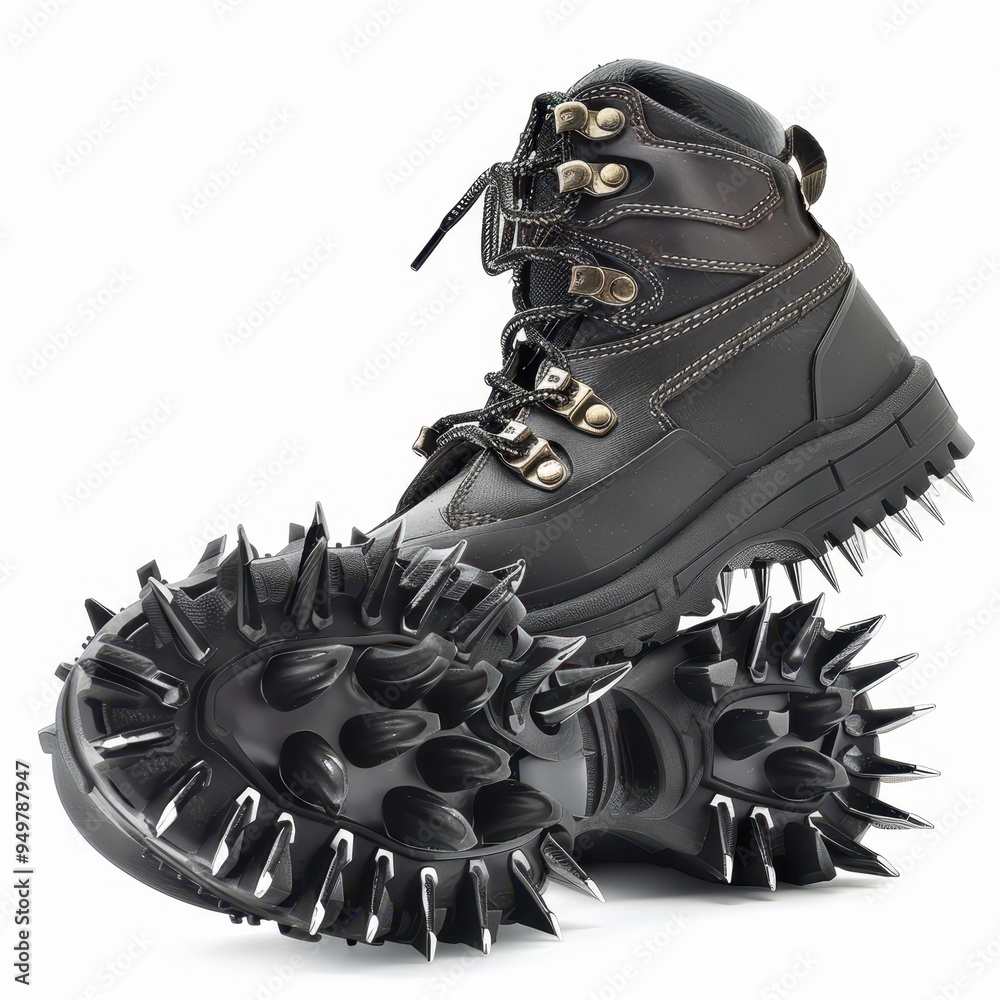 Steel-Spiked Conquerors: Black leather work boots armed with formidable ...