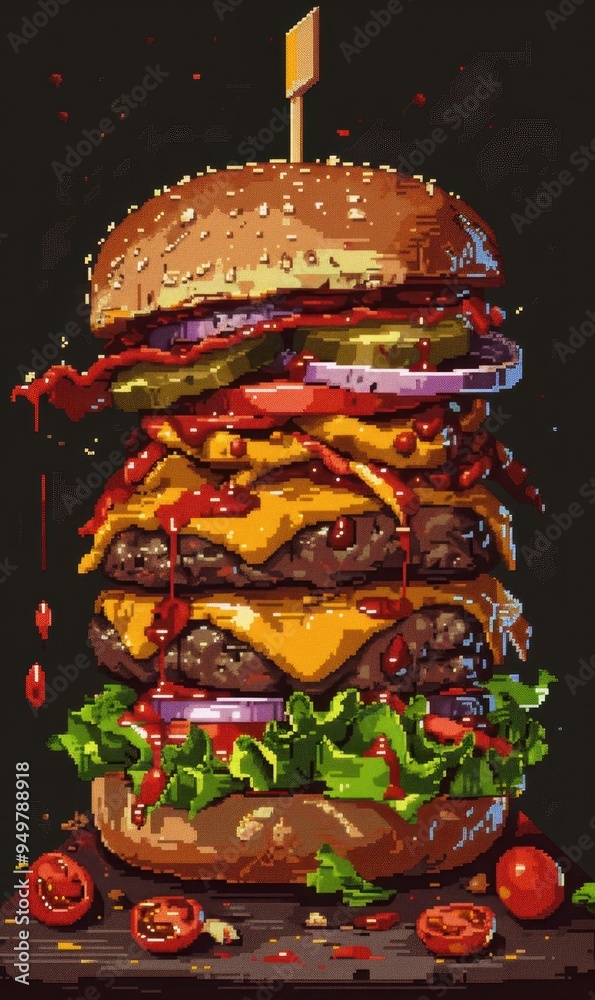 Pixelated Burger Delight: A towering, mouthwatering double-decker ...