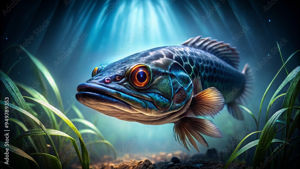 moody nocturnal underwater profile of a snakehead fish with glowing ...
