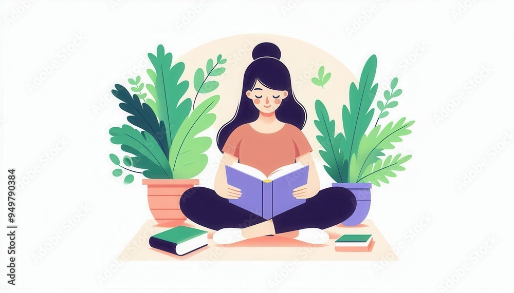 Scene of a relaxed girl reading a book surrounded by ornamental plants ...