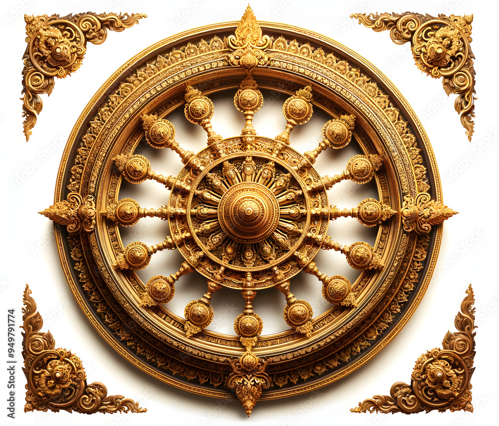 A detailed, intricate golden Dharmachakra, a symbol of Buddhist ...