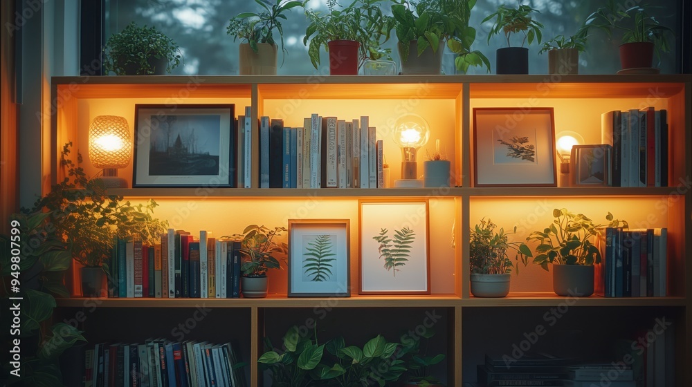 Cozy Room with Bookshelf, Plants, Soft Lighting, and Window for Online ...