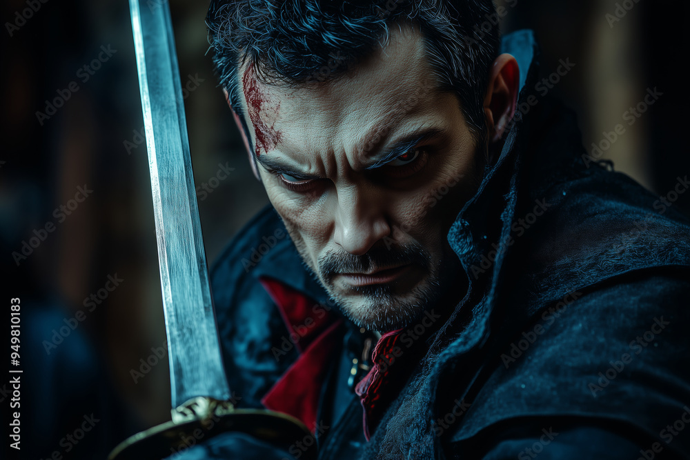 Dracula brandishes a sword in a fierce battle, ready to confront the ...