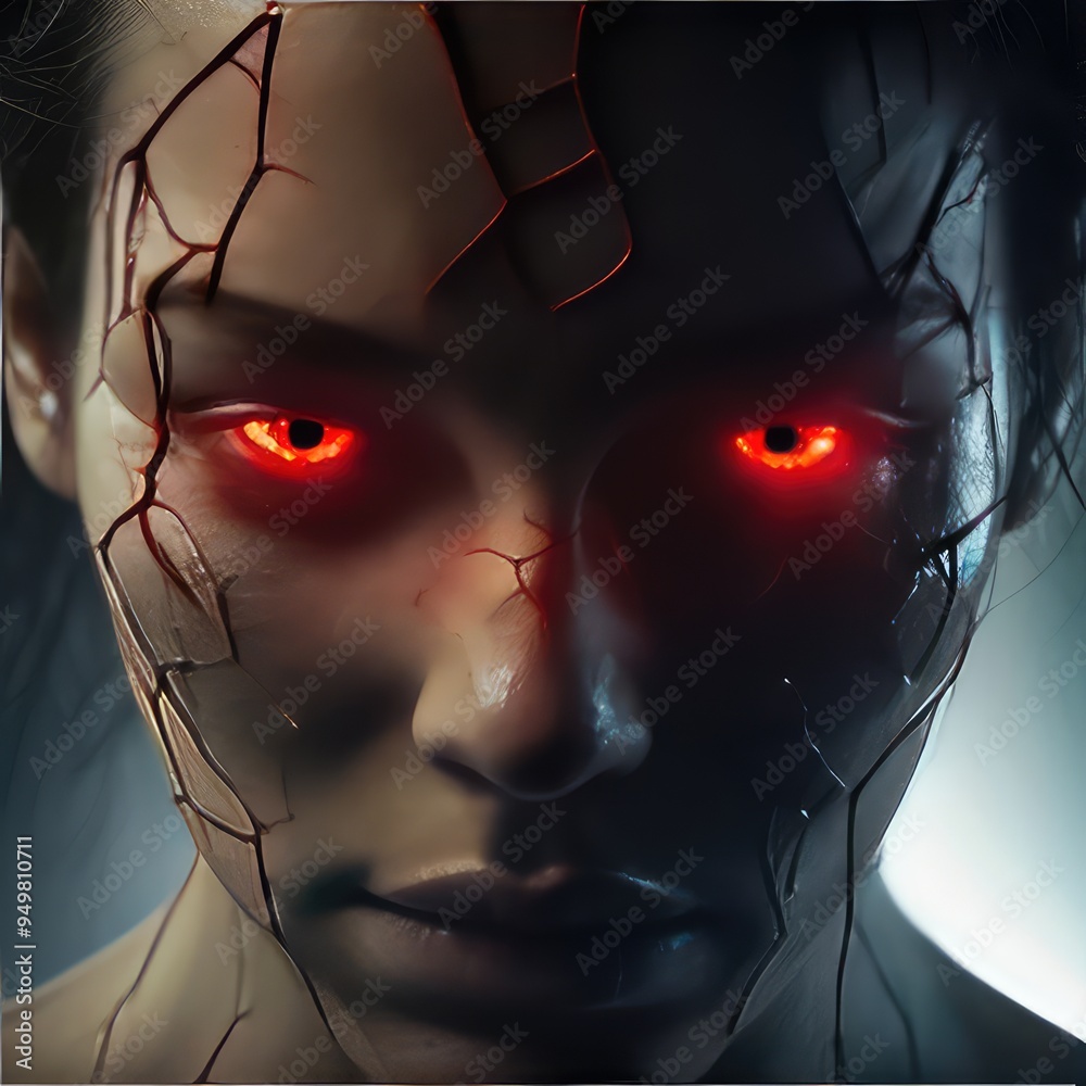 Volcanic Cracked on face with Bright Lava Highlights and scary red eyes ...