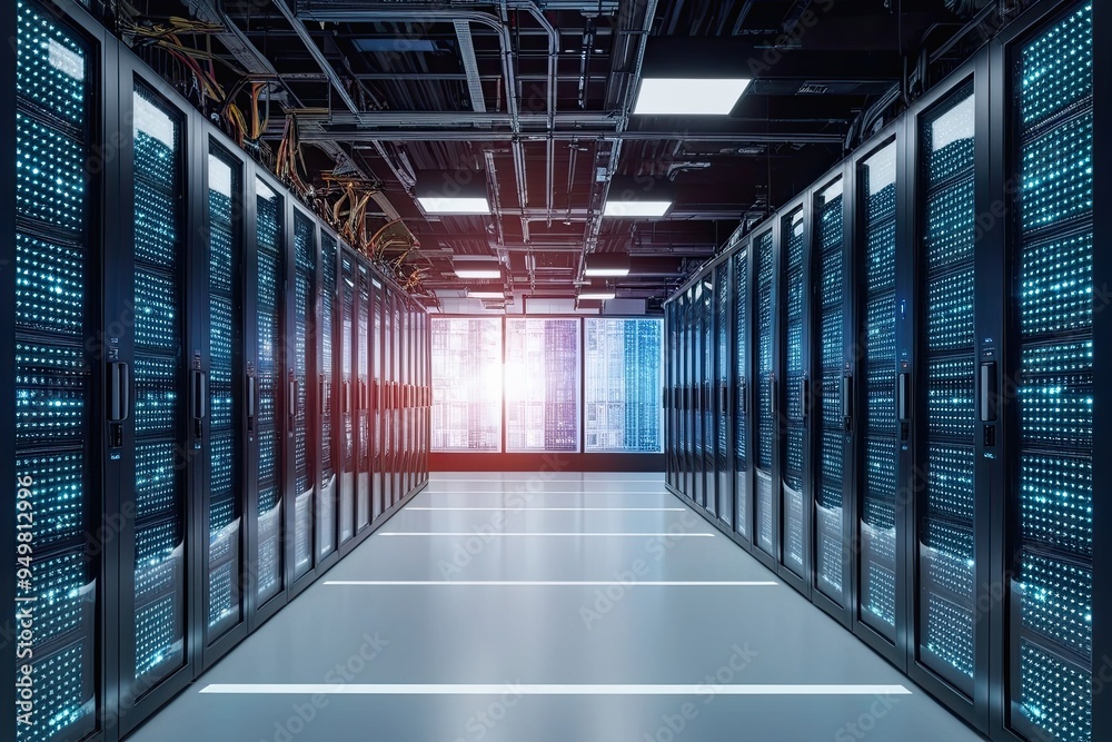 A Digital Landscape of a Data Center with LED Panels and Open Space in ...