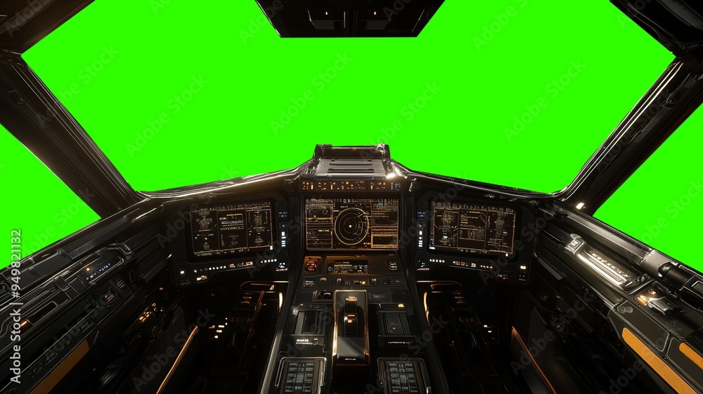 Futuristic spaceship cockpit pilot view with green screen for ...