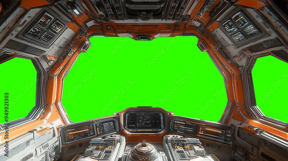 Futuristic spaceship cockpit pilot view with green screen for ...