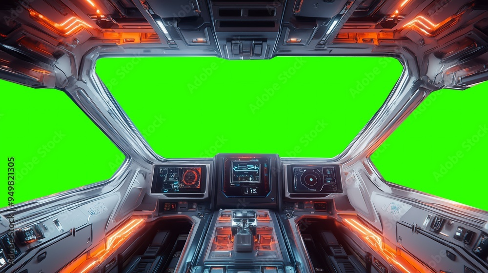 Futuristic spaceship cockpit pilot view with green screen for ...