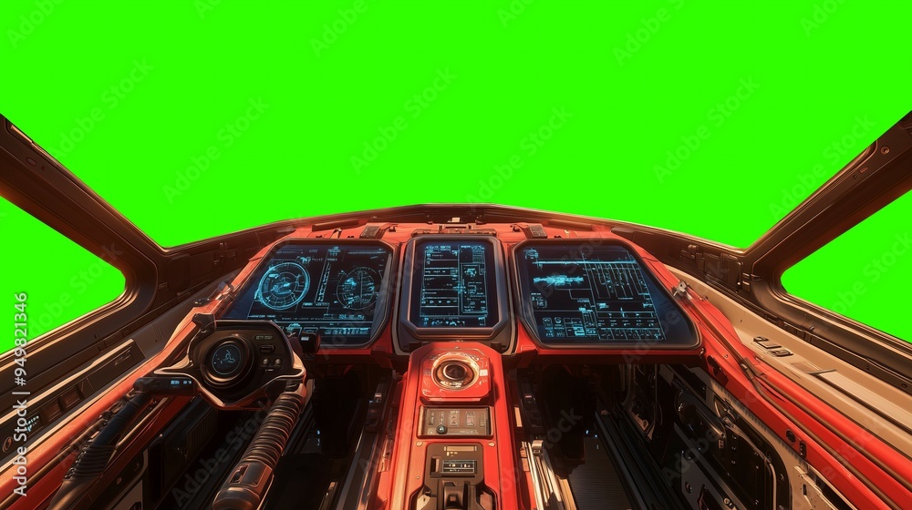 Futuristic spaceship cockpit pilot view with green screen for ...