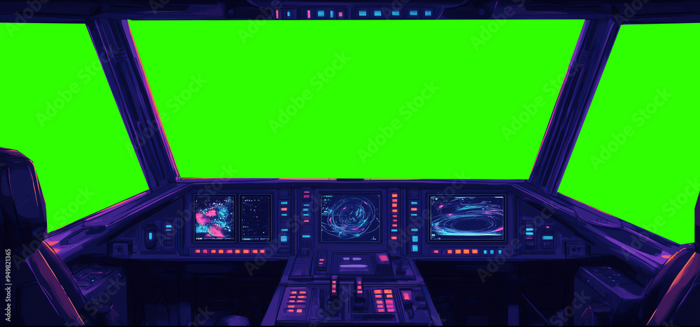 Futuristic spaceship cockpit pilot view with green screen for ...
