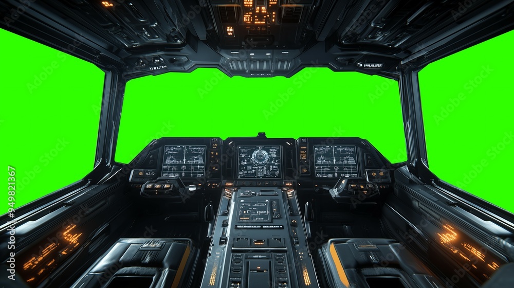 Futuristic spaceship cockpit pilot view with green screen for ...