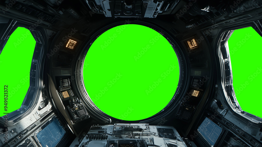 Futuristic spaceship cockpit pilot view with green screen for ...