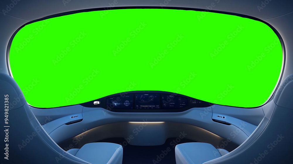 Futuristic spaceship cockpit pilot view with green screen for ...