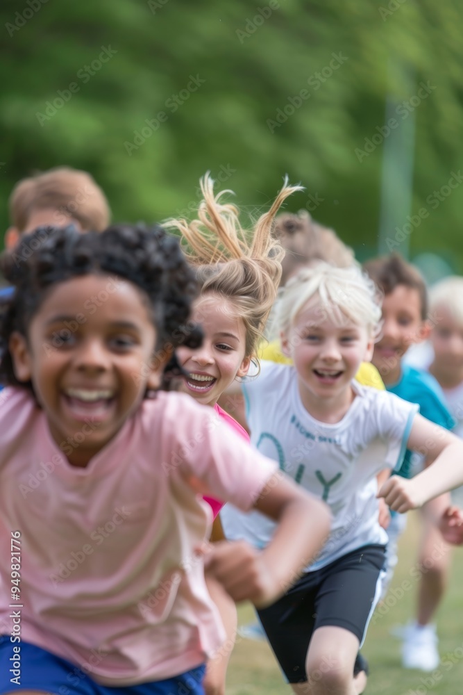 Joyful Kids Competing in a Relay Race at School Sports Day - Perfect ...