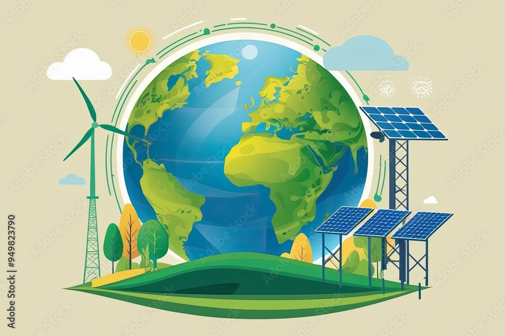 Vibrant Earth Illustration with Eco-Friendly Symbols like Wind Farms ...