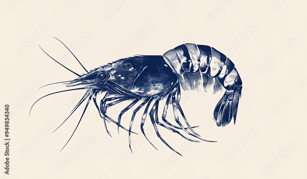 Seafood, shrimp prawn. Vintage retro print, black white seafood shrimp ...