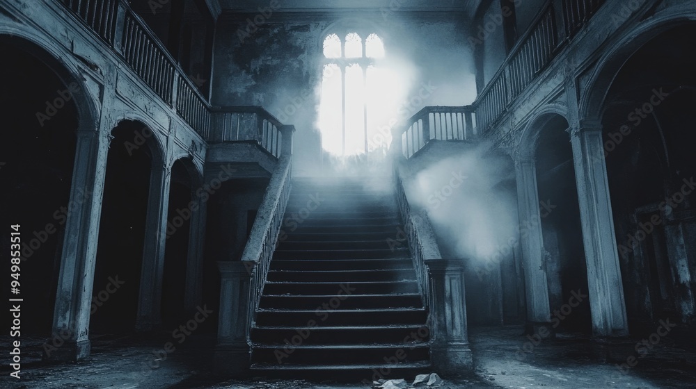 Abandoned castle interior, dark medieval palace with ghost, Halloween ...
