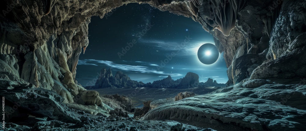 A surreal night scene in a cave with a moonlit landscape of mountains ...