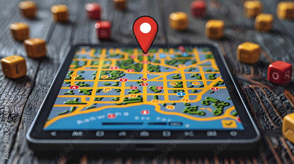 a smartphone with a map on the screen. The map is in the center of the ...