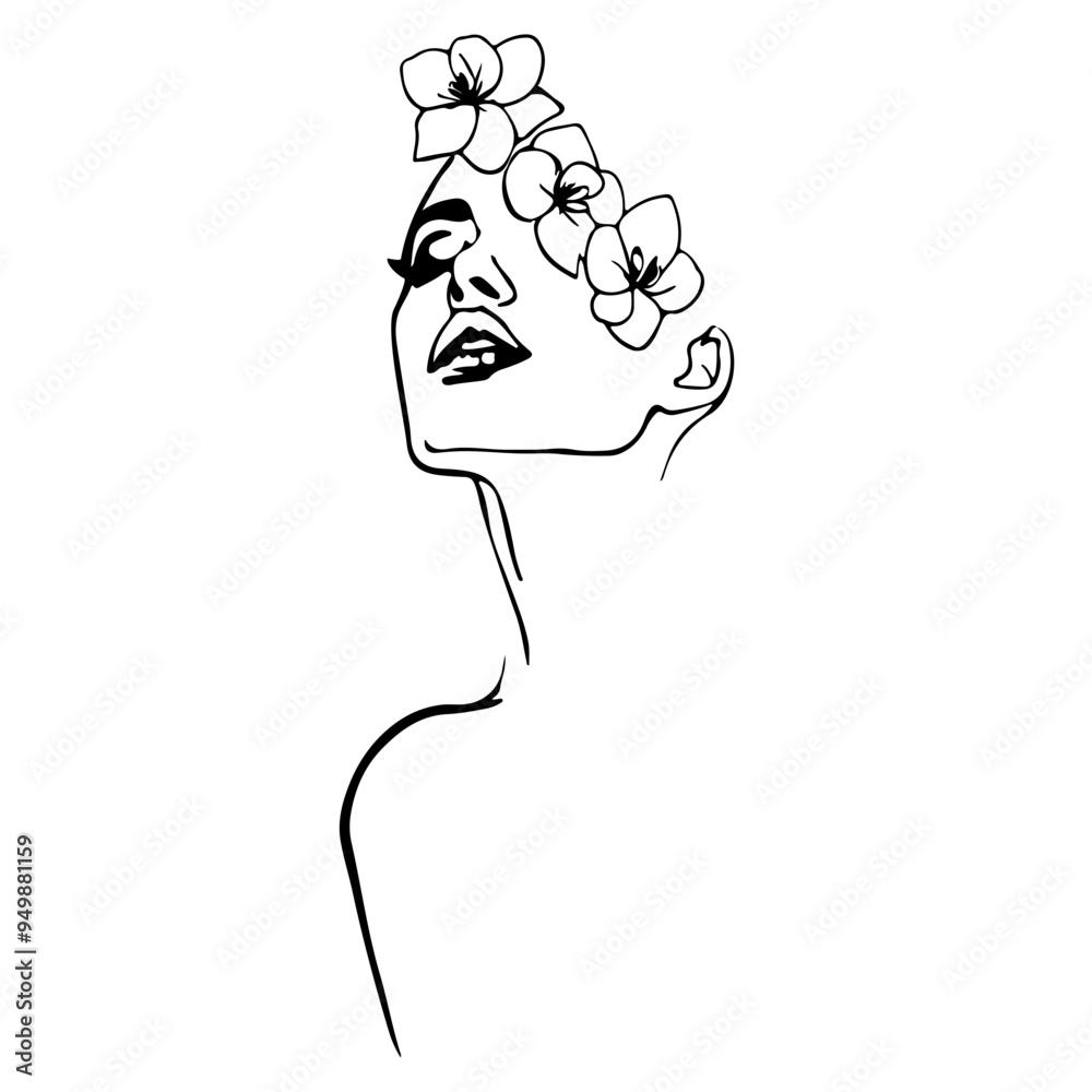 Female Silhouette with Flowers Line Art Vector Drawing. Style Template ...