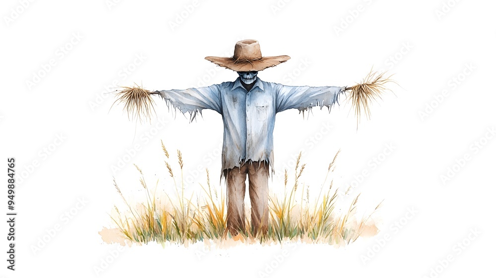 Sinister-faced scarecrow with tattered clothing and straw protruding ...