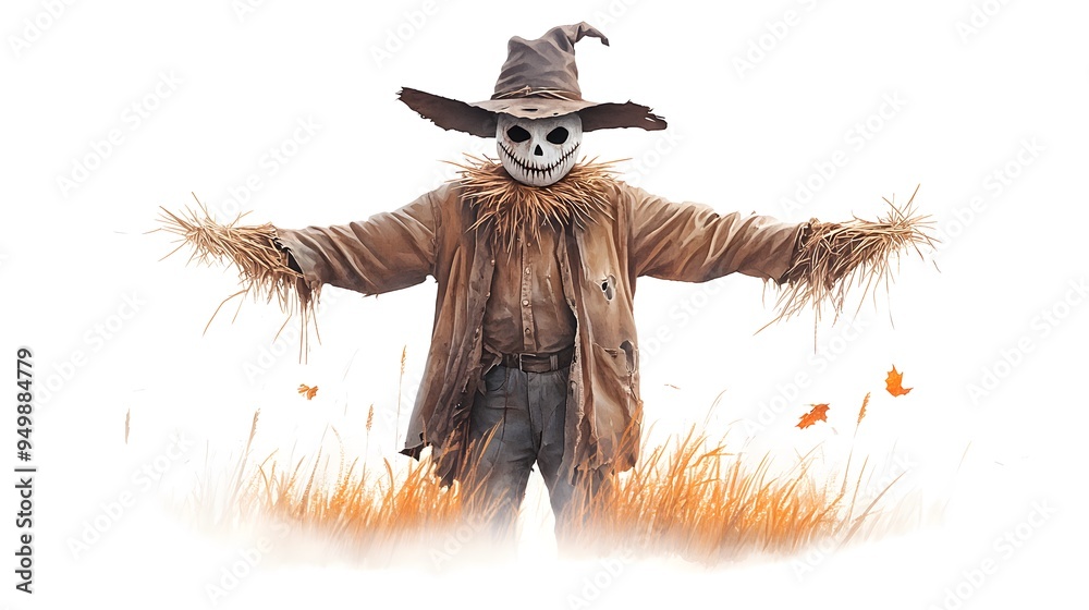 Sinister-faced scarecrow with tattered clothing and straw protruding ...