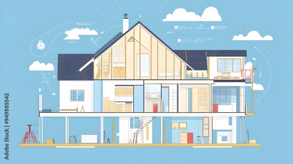 Detailed infographic blueprint illustrating the construction of a house ...
