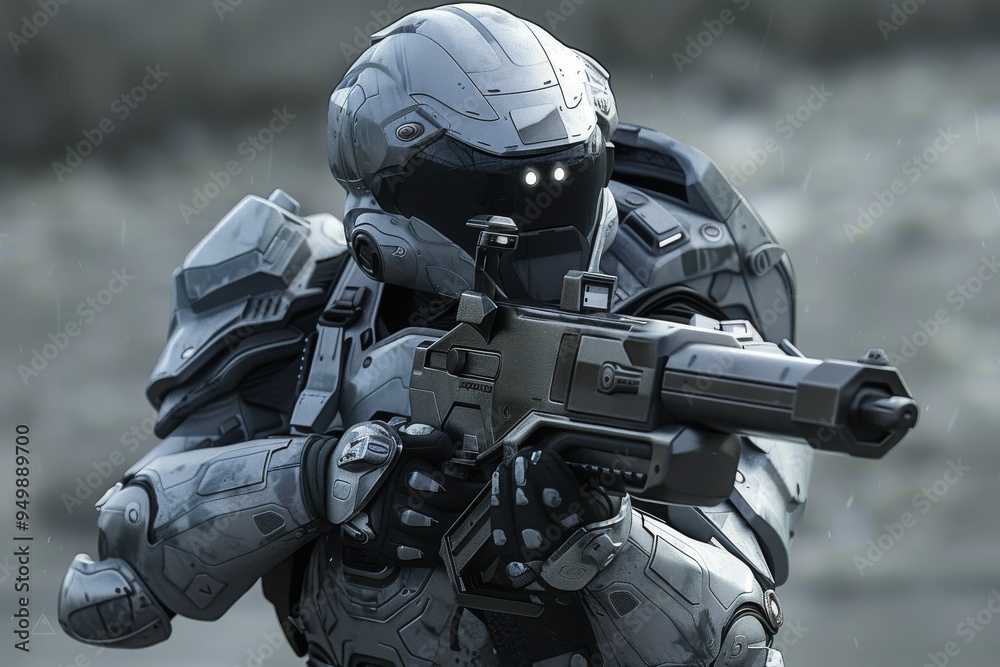 A sophisticated robot stands amidst a rainstorm, its reflective body ...