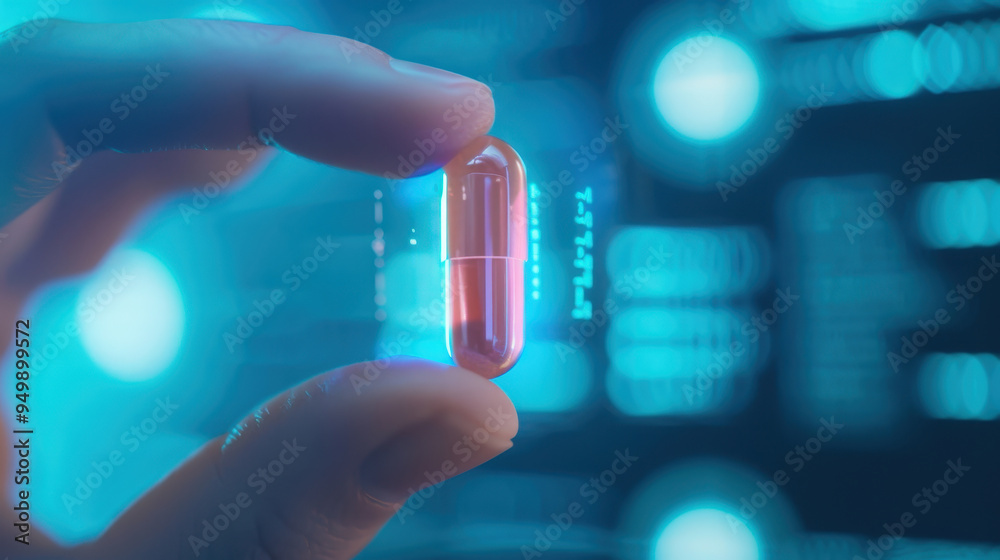 Cognitive biohacking. Close-up of hand holding nootropic capsule ...