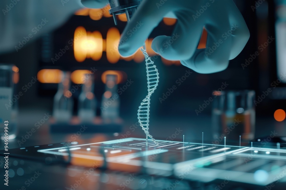 High angle view of a DIY gene editing lab. CRISPR tools and a DNA ...
