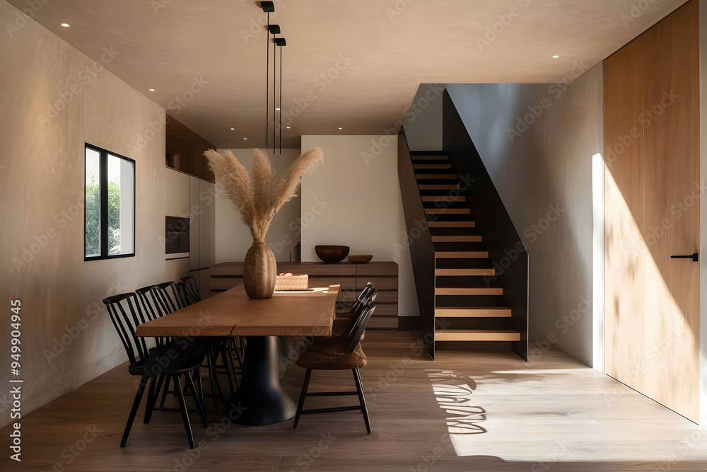 Beautiful modern interior with wooden elements and concrete walls, a ...