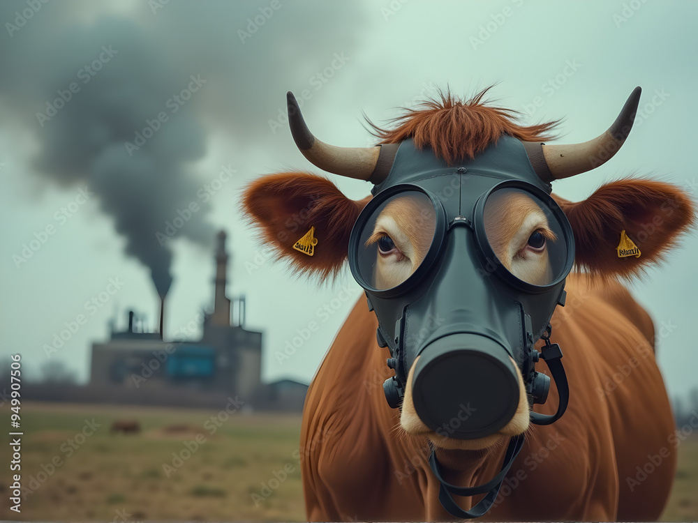A close-up shot of a cow wearing a gas mask with industrial smoke in ...