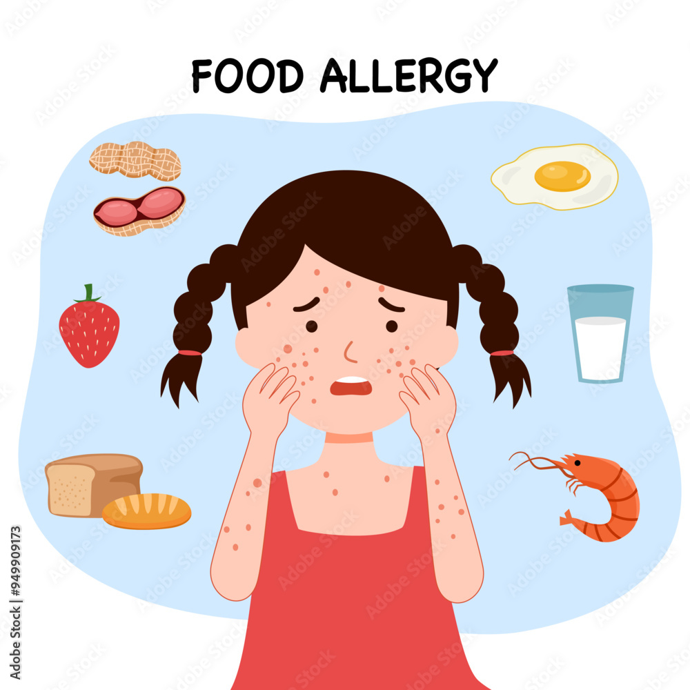 Unhappy girl with problems due to food allergy and skin irritation or ...
