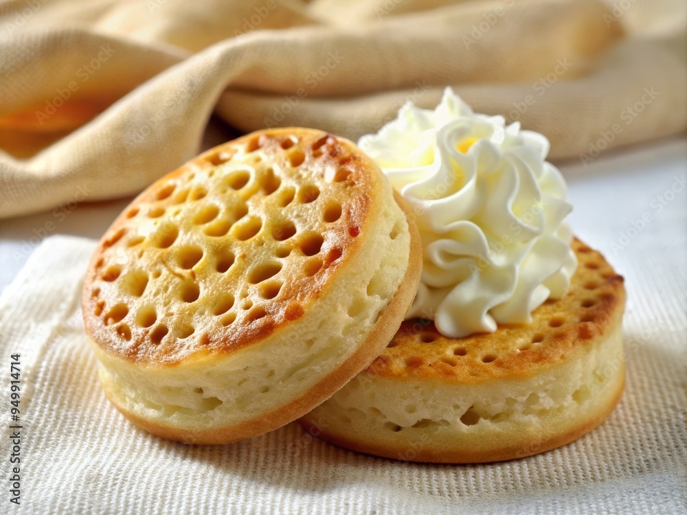 Golden-brown crumpet, sliced in half, with a dollop of whipped cream ...
