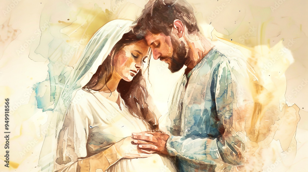Mary and Joseph share a gentle moment, gazing down at Mary's belly ...