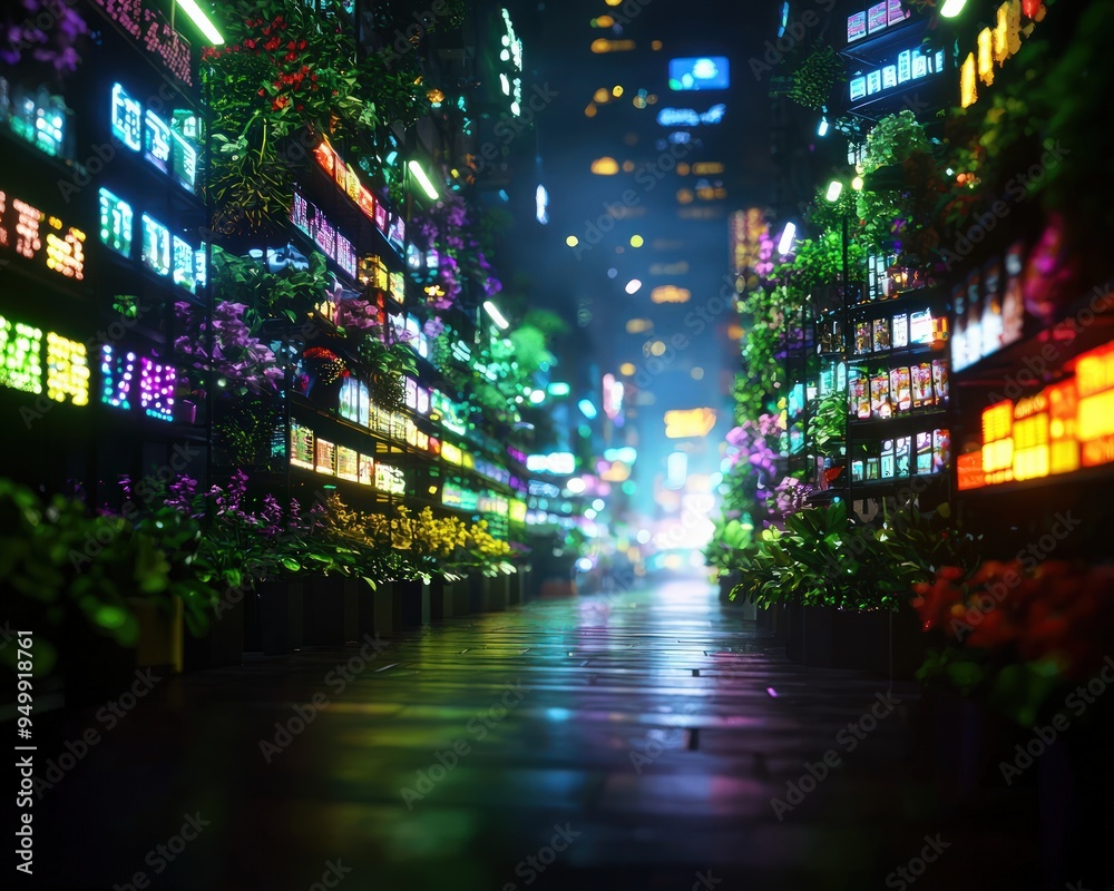 Illustration of a meta city marketplace with virtual and physical goods ...