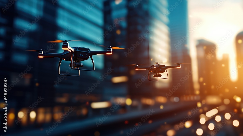 Autonomous delivery drones landing on a hightech building, Level 3 ...